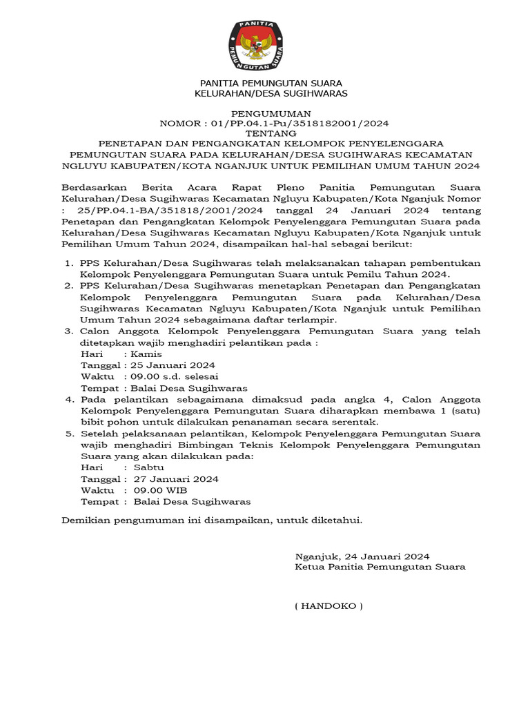 Format Pengumuman Pengangkatan KPPS | PDF