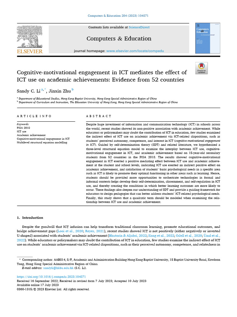 Cognitive Motivational Engagement in ICT Mediates The Effect of ICT Use ...