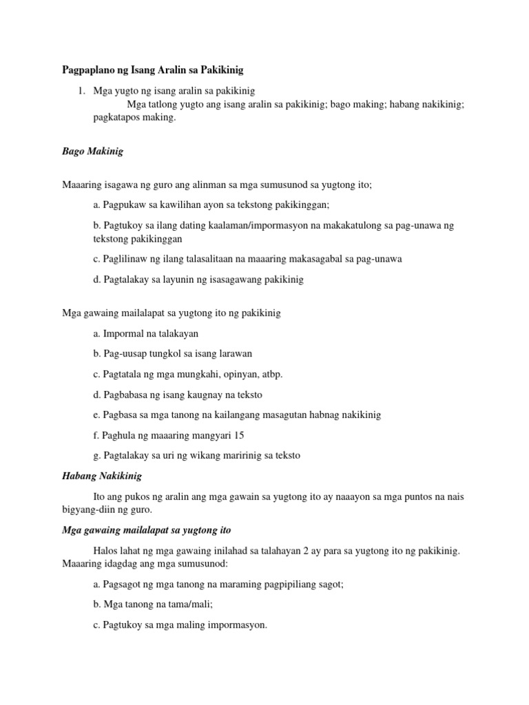 Pagpaplano NG Isang Aralin Sa Pakikinig | PDF