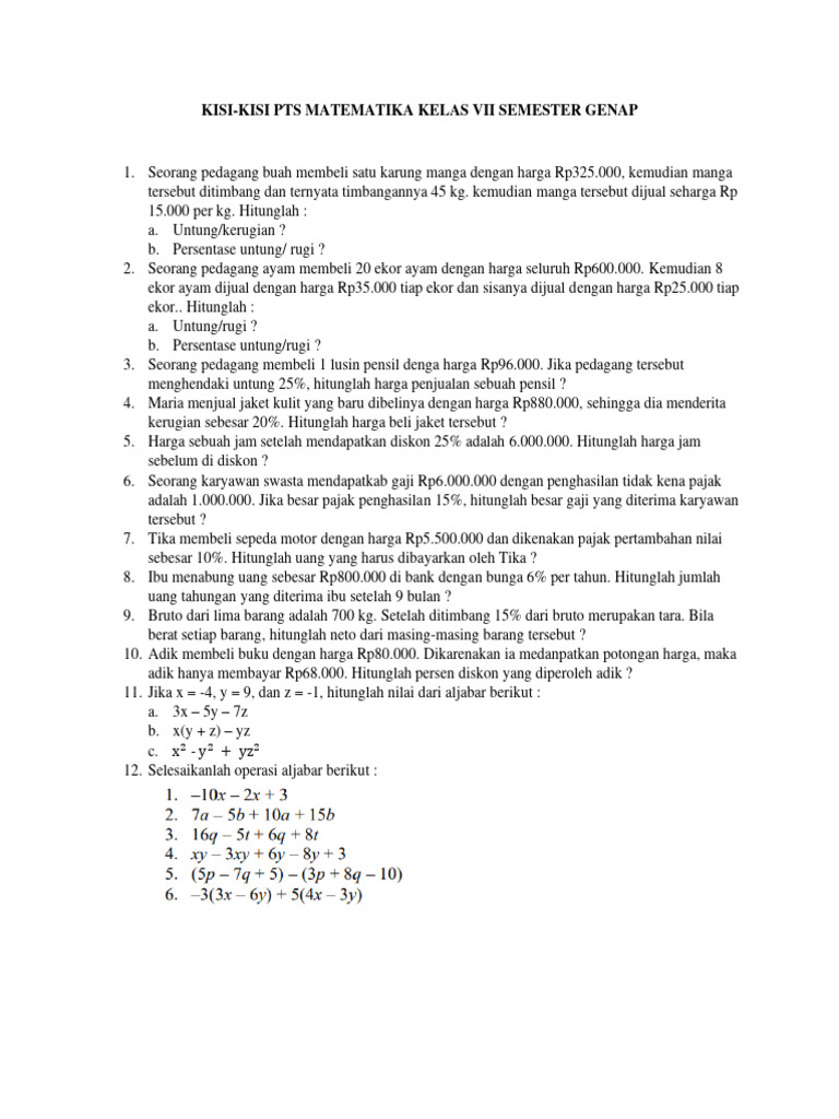 Kisi - Kisi Pts Kelas Vii Sem Genap | PDF | Metode & Bahan Ajar