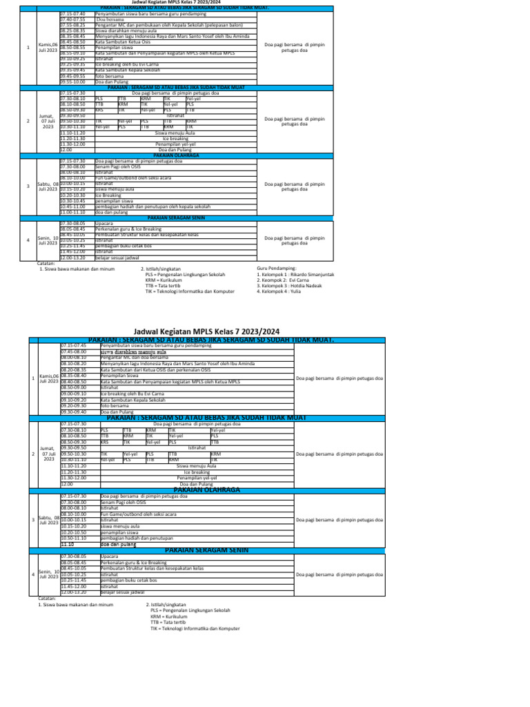 Jadwal Kegiatan MPLS 2023 New | PDF