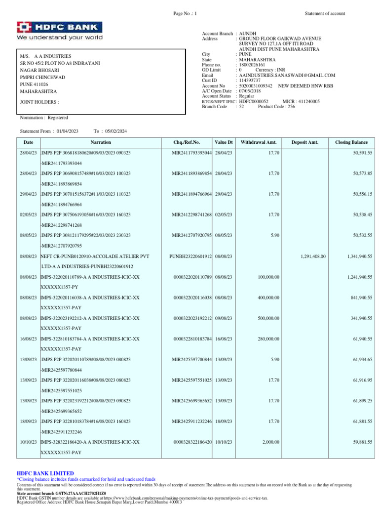 HDFC Bank Statement | PDF | Debits And Credits | Banking