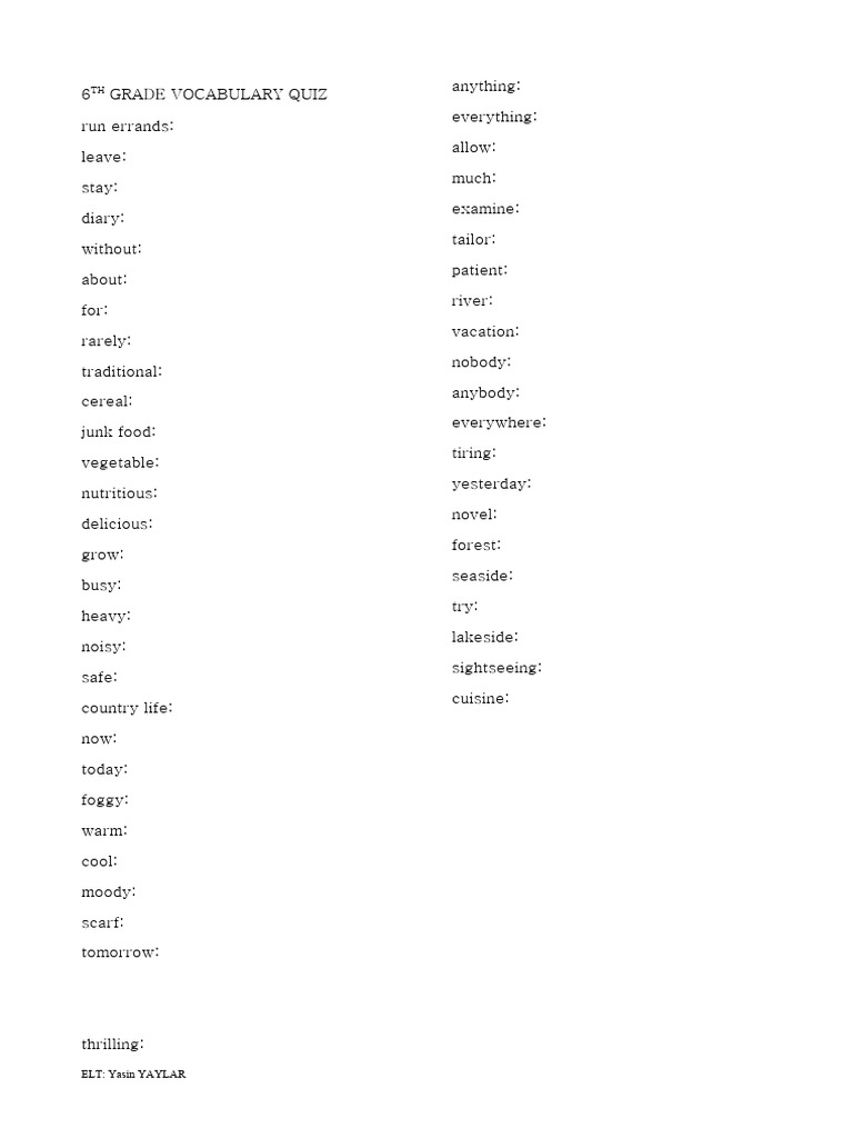 6th Grade Vocabulary Quiz | PDF