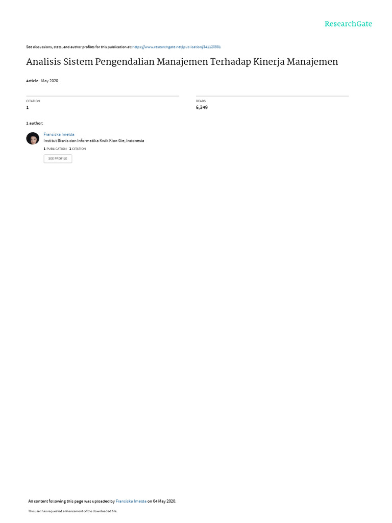 Analisis Sistem Pengendalian Manajemen Terhadap Kinerja Manajemen | PDF
