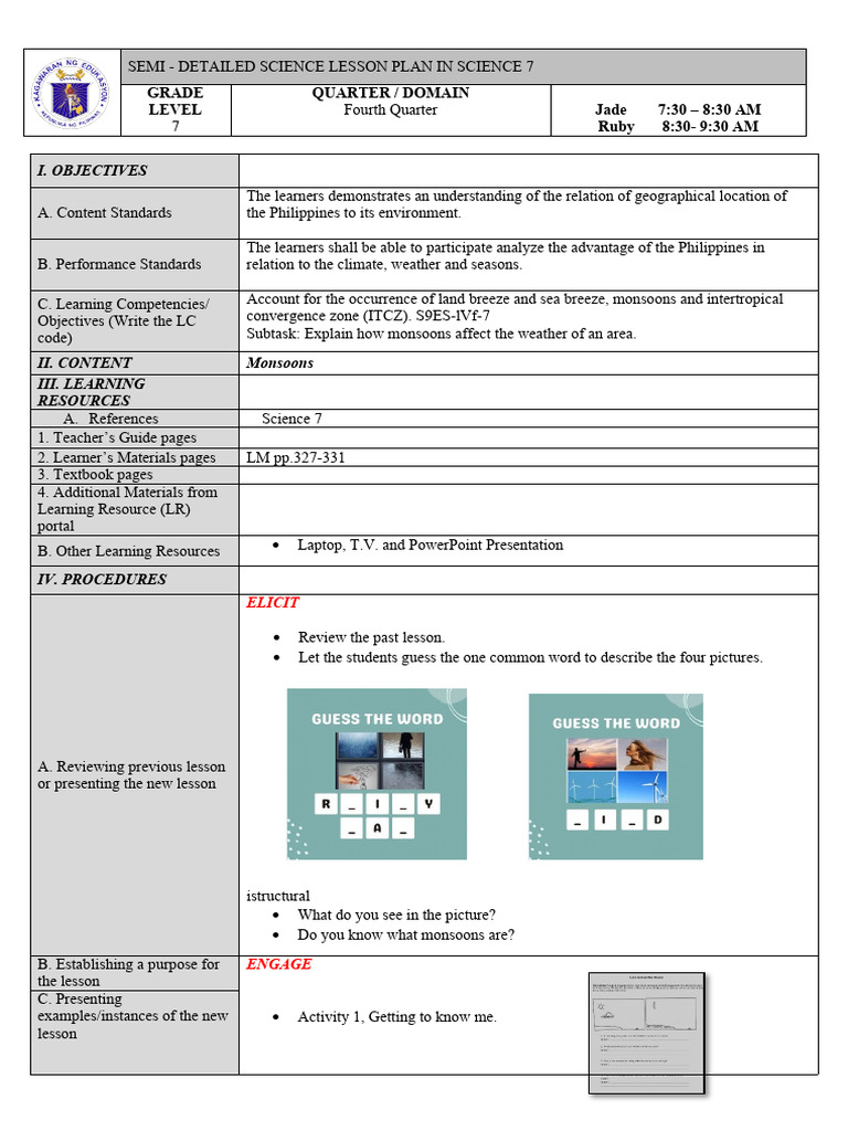 Understanding Monsoons: Science 7 Lesson Plan | PDF | Learning | Cognition