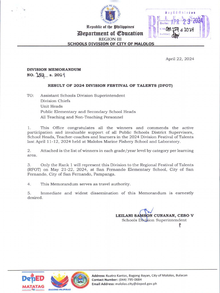 DM 259 S 2024 Result of 2024 Division Festival of Talents DFOT | PDF