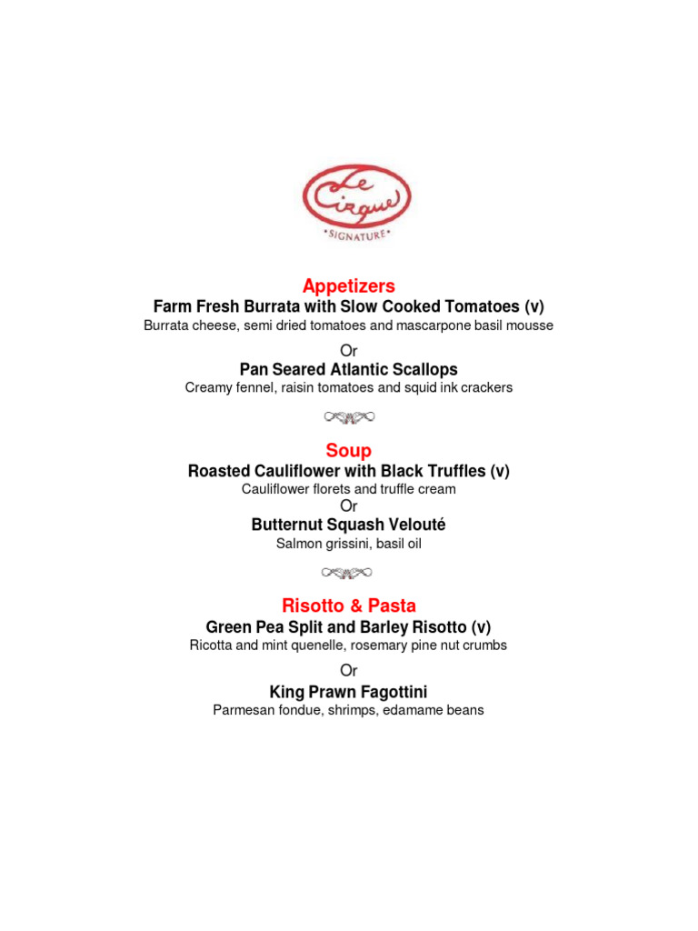 Le Cirque Menu | PDF | Cooking, Food & Wine