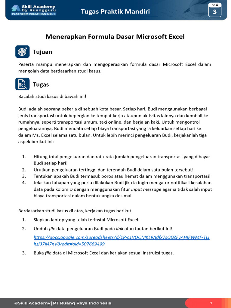 Menerapkan Formula Dasar Microsoft Excel: 3 Tugas Praktik Mandiri | PDF ...