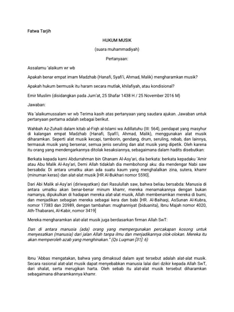 Fatwa Tarjih Muhammadiyah Hukum Musik | PDF