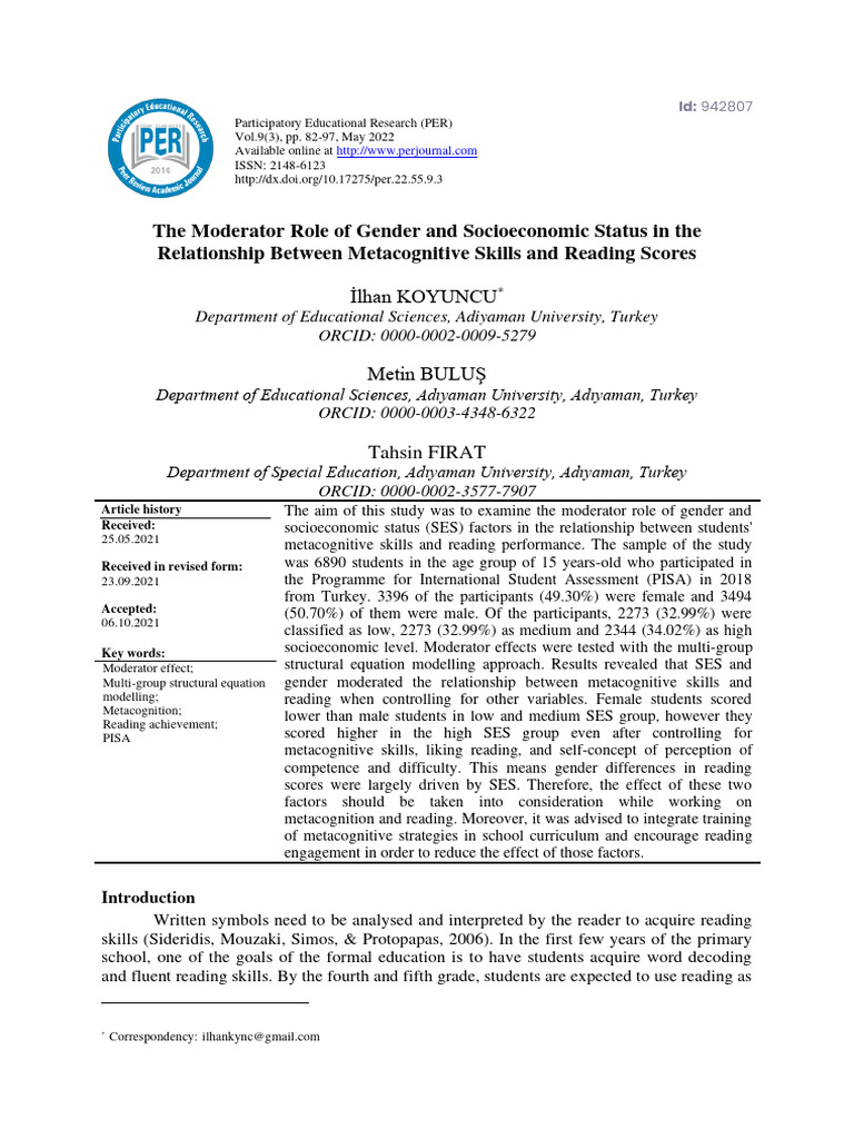 The Moderator Role of Gender and Socioeconomic Status in The ...