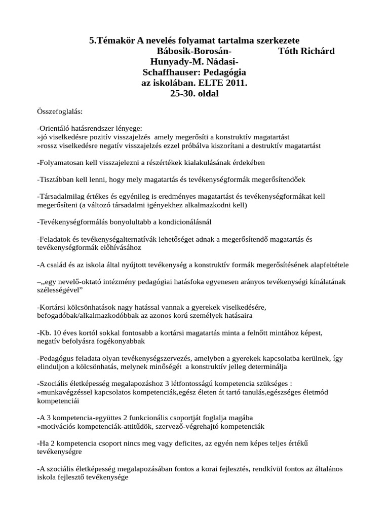 Bábosik-Borosán-pedagógia Az Iskolában Össszefoglaló | PDF