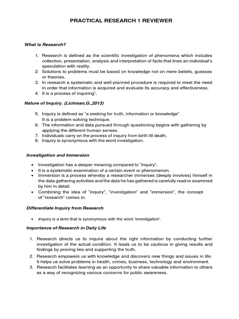 Practical Research 1 Reviewer | PDF | Inquiry | Knowledge