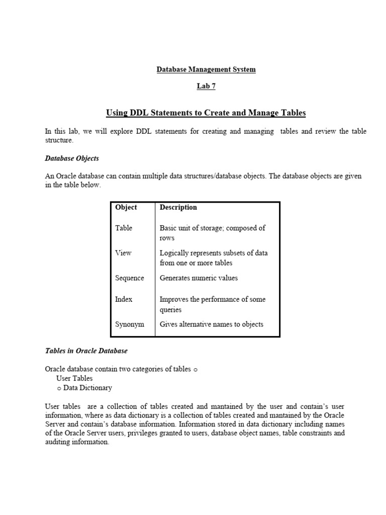 DB - Lab - 7 DDL Create | Download Free PDF | Table (Database) | Databases