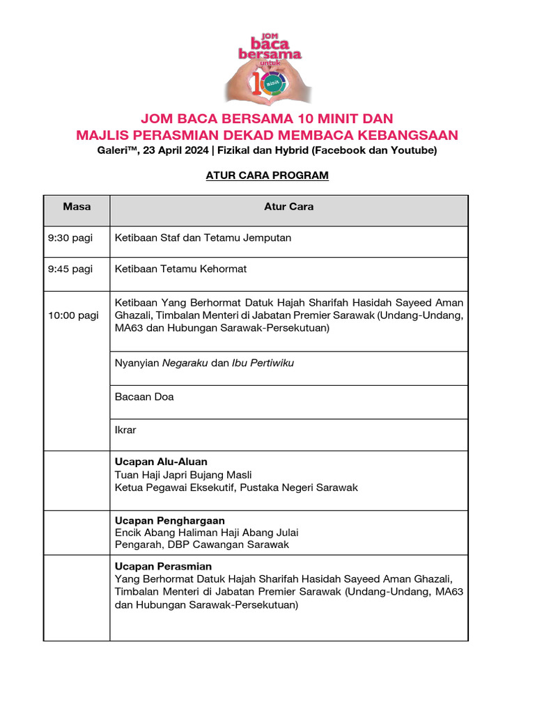 Atur Cara Program Jom Baca Bersama 10 Minit 2024-Latest | PDF