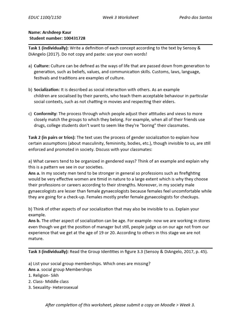 Week 3 Worksheet Diversity | PDF | Socialization | Gender