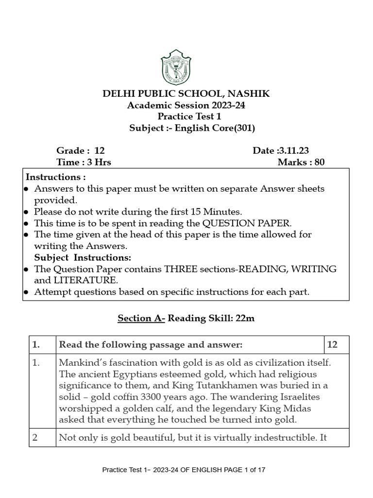 Practice Test 1 - Class 12 QP - English - 23-24 | PDF | Gold | Deer