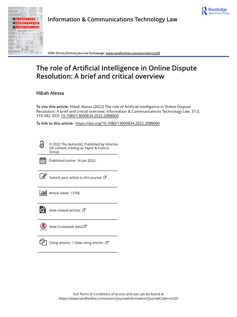 The role of Artificial Intelligence in Online Dispute Resolution A brief and critical overview ...