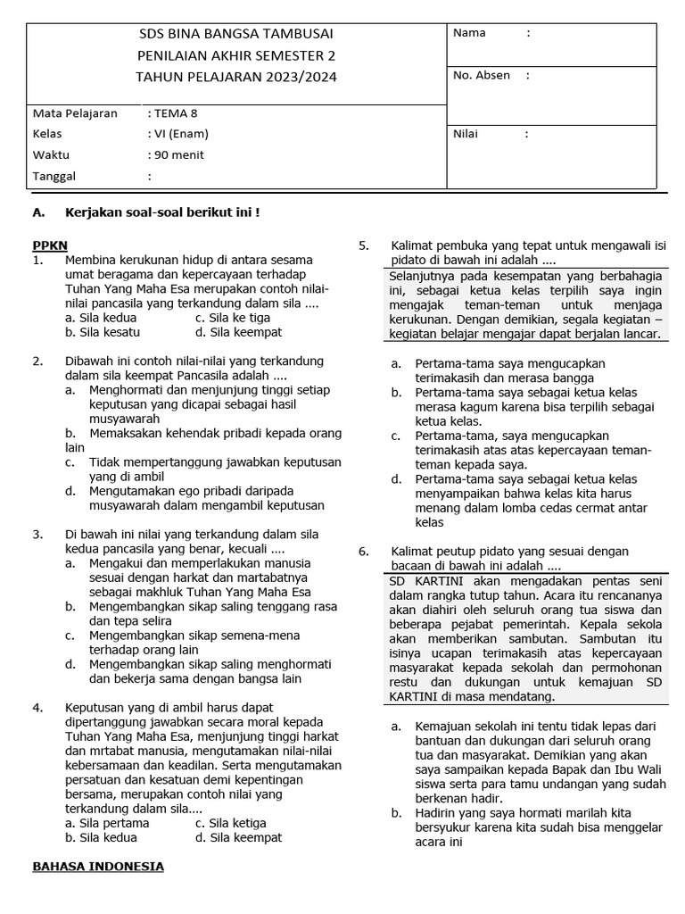 Soal PAS Kelas 6 Tema 7 - KAMIMADRASAH | PDF
