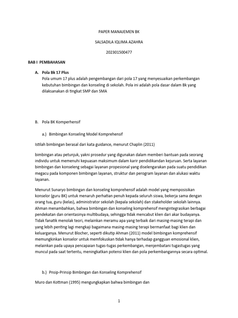 Pola BK 17 Plus, Pola BK Komprehensif, Dan Tugas/tanggung Jawab Personil Sekolah Dalam Kegiatan ...