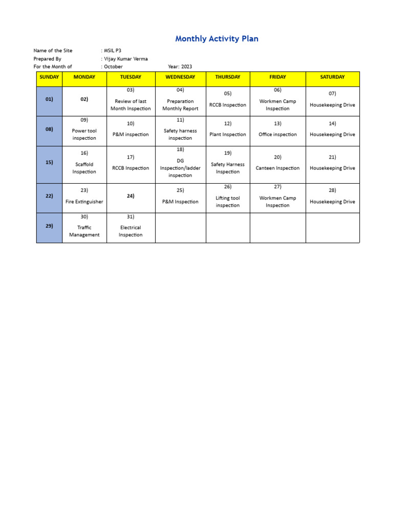 Activity Plan - Oct - MSIL | PDF