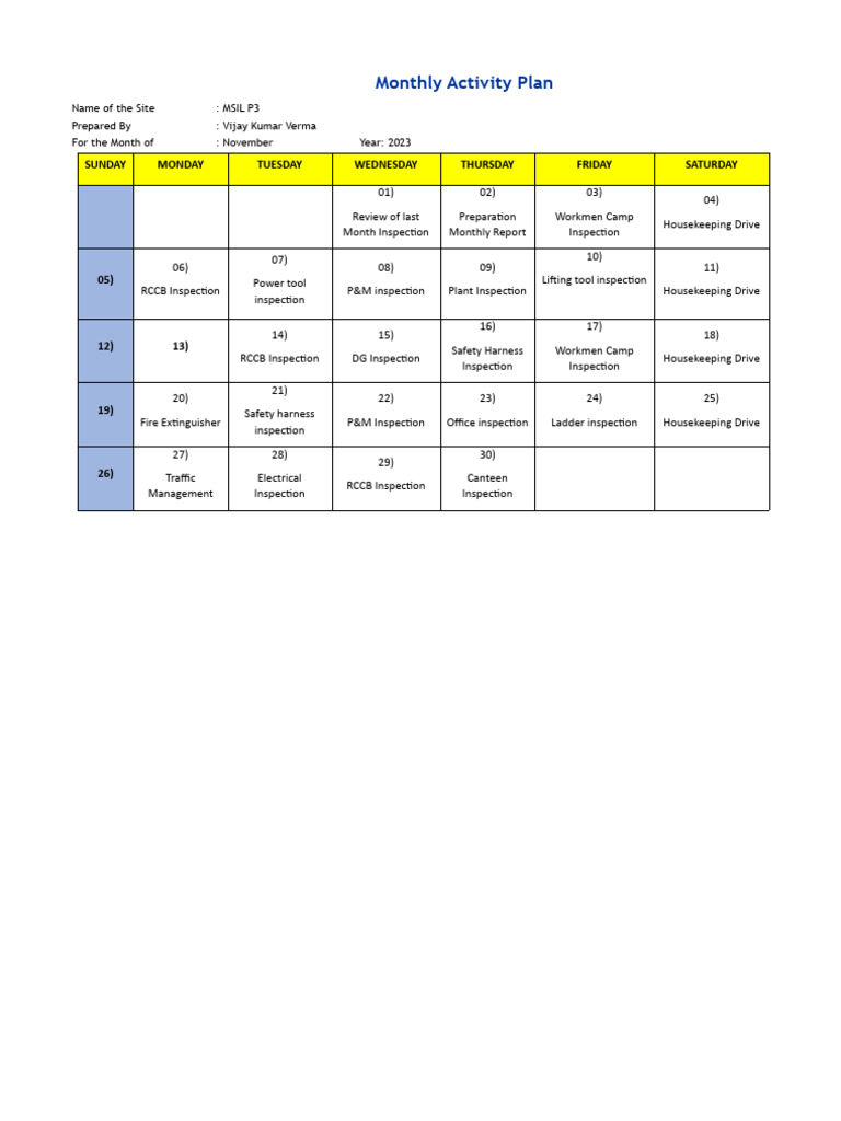 Activity Plan - Nov - MSIL | PDF
