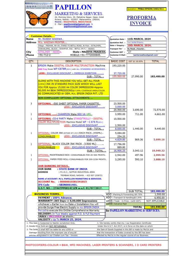 1 PG WF-C878R (A-3+) PROFORMA INVOICE - 1 Yr WARRANTY - WADIWA PRINTERS - BETUL - 11032024 | PDF ...