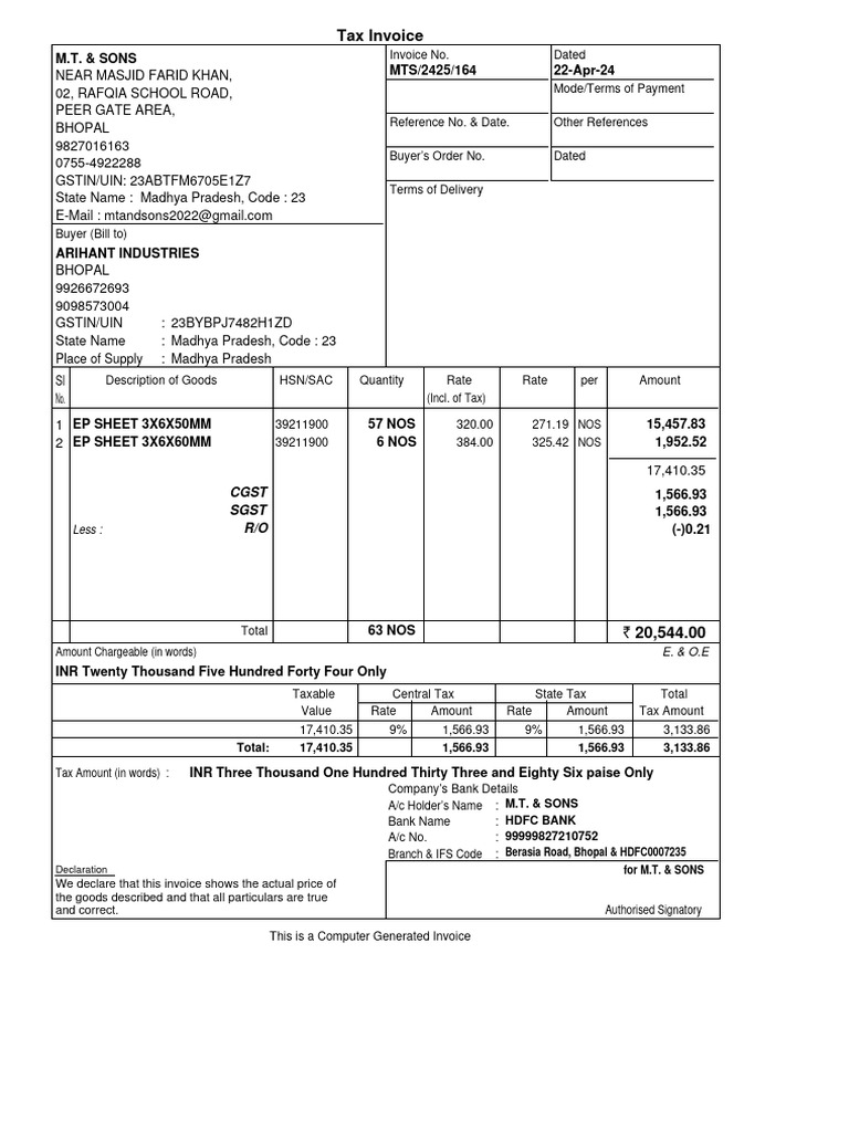 Arihant Industries 22.04 | PDF | Taxes | Invoice