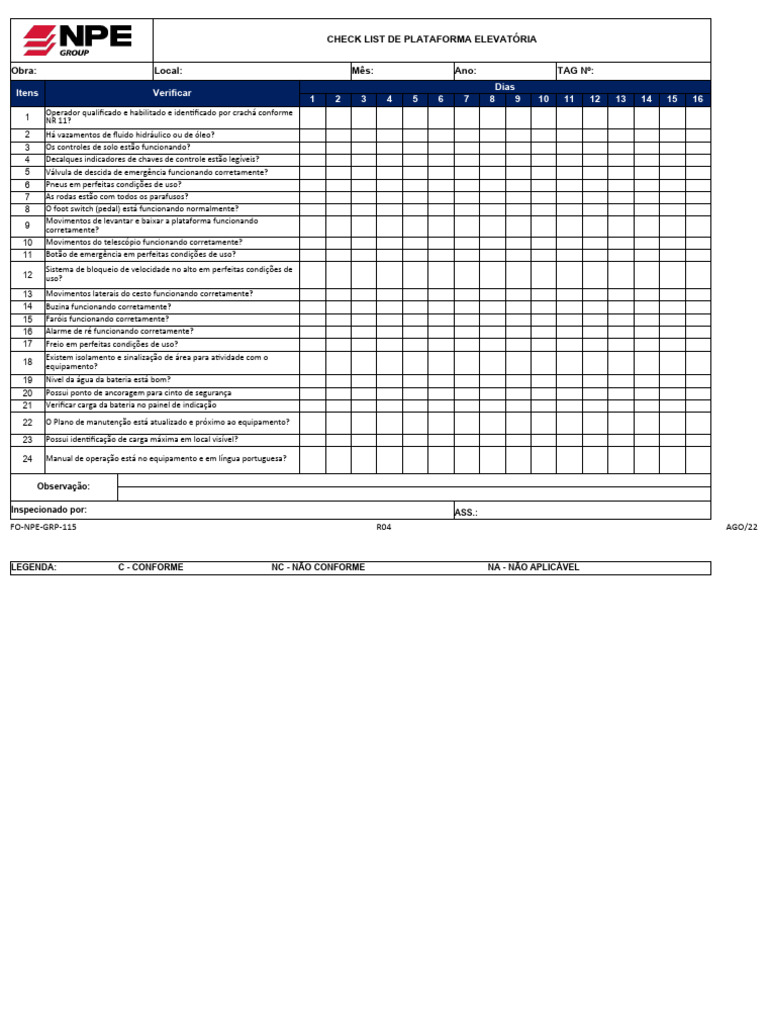 FO-NPE-GRP-115.r04 Check List de Trabalhos em Plataforma Elevatoria | PDF