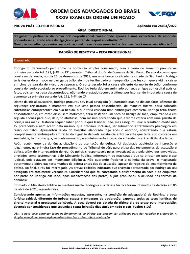 Prova OAB Segunda Fase Penal Gabarito | PDF