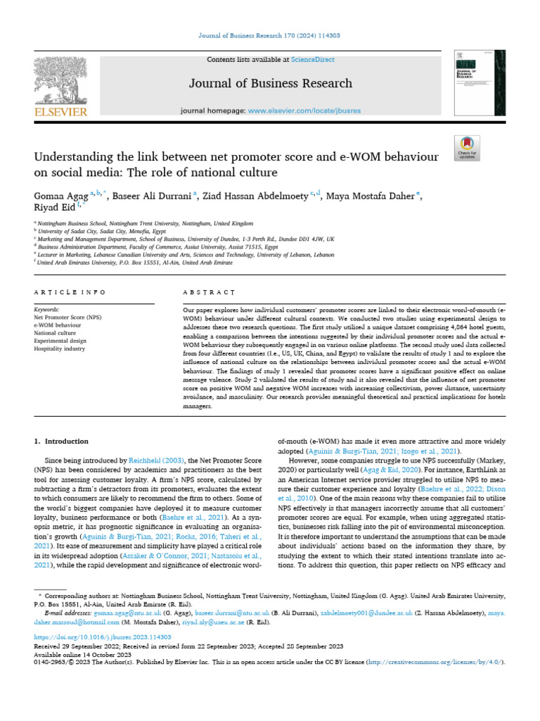 Understanding The Link Between Net Promoter Score and e W 2024 Journal ...