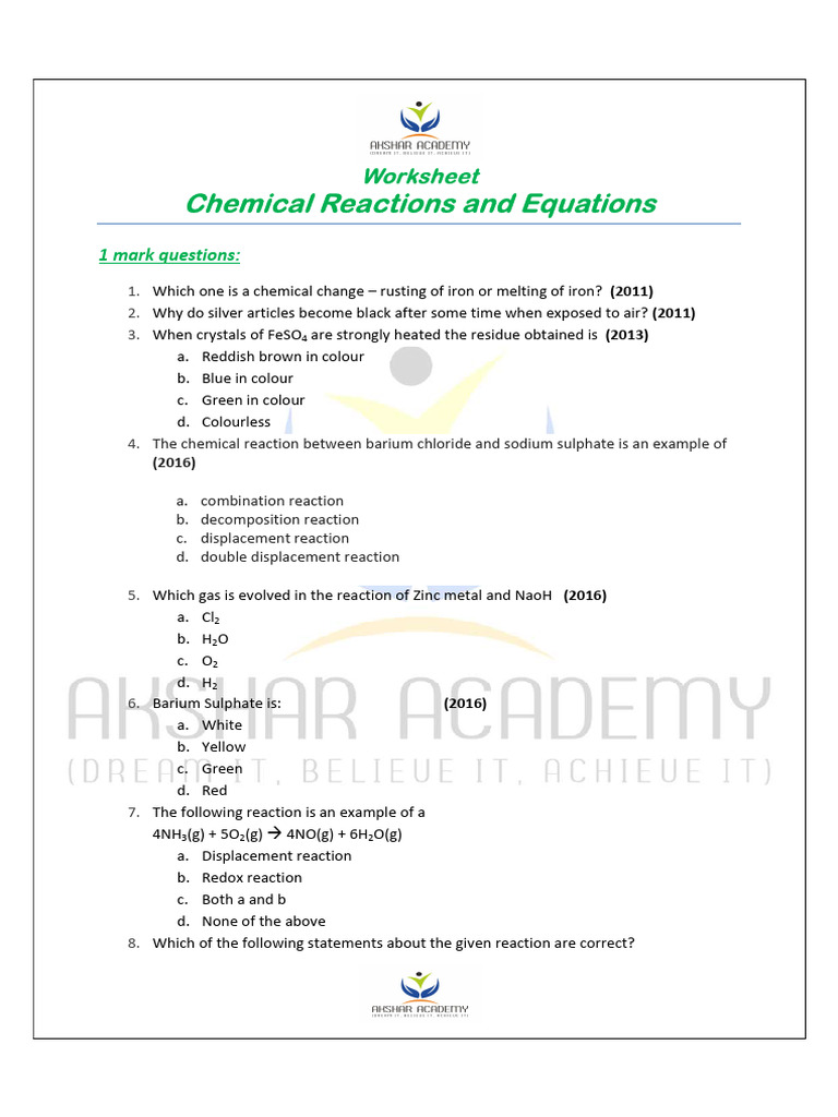 Chemical Reactions & Equations Worksheet | PDF | Chemical Reactions | Redox
