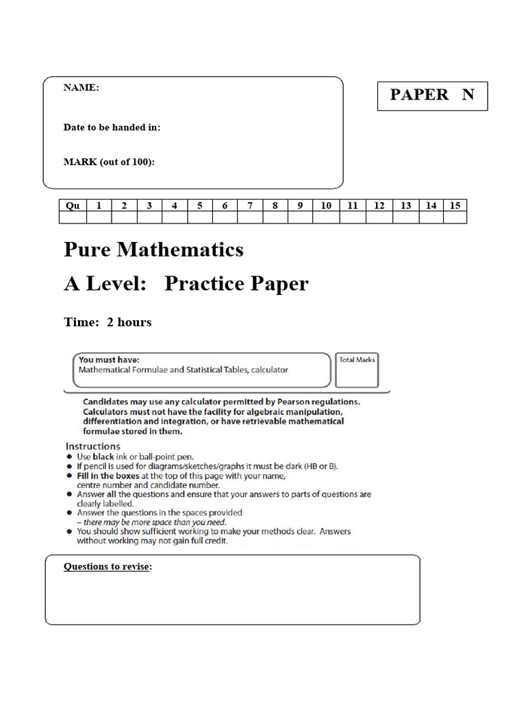 A Level Pure Mathematics Practice Paper | PDF | Area | Equations
