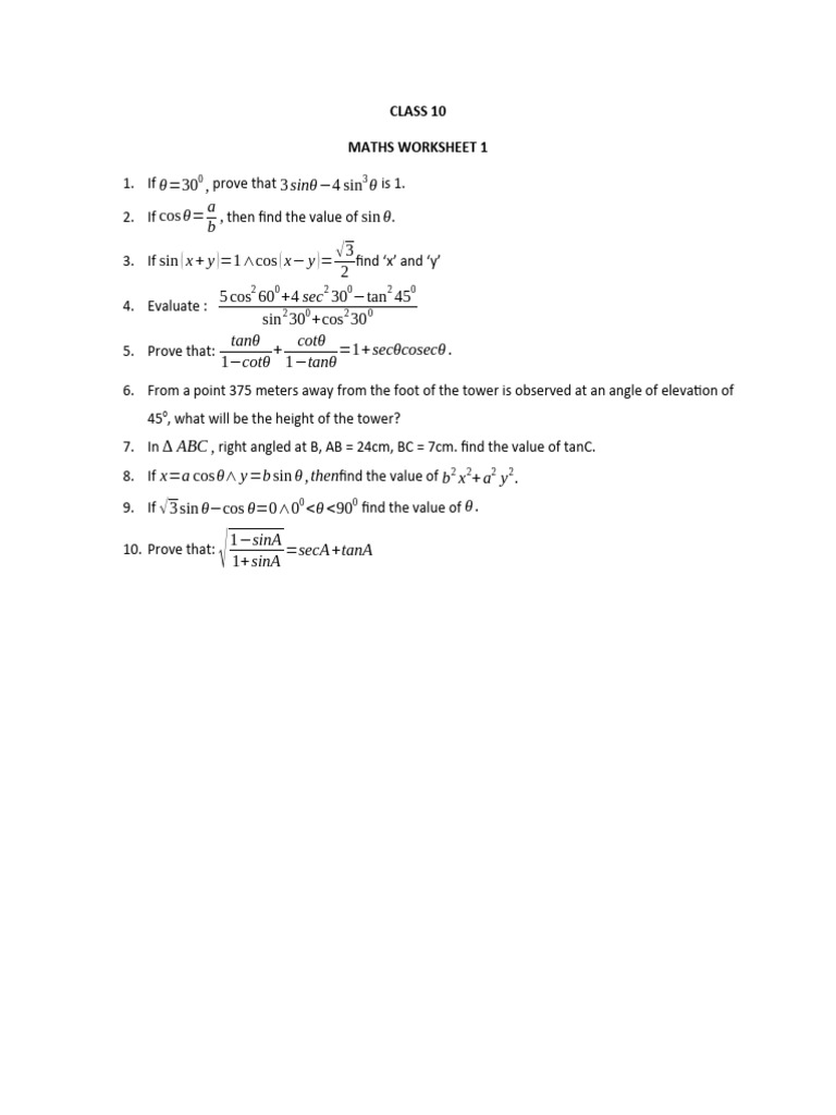 CLASS 10 Maths Worksheet 1 | PDF