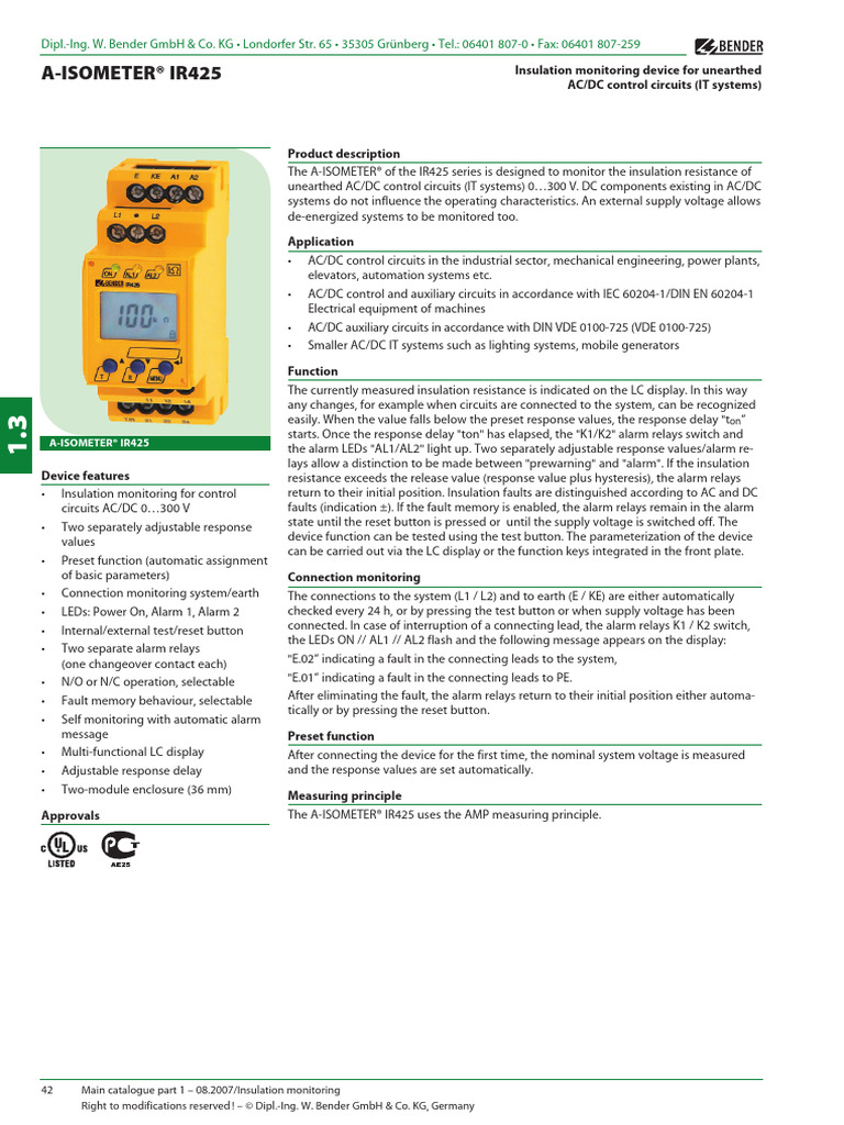 Bender A-Isometer IR425 User Manual | PDF | Relay | Fuse (Electrical)