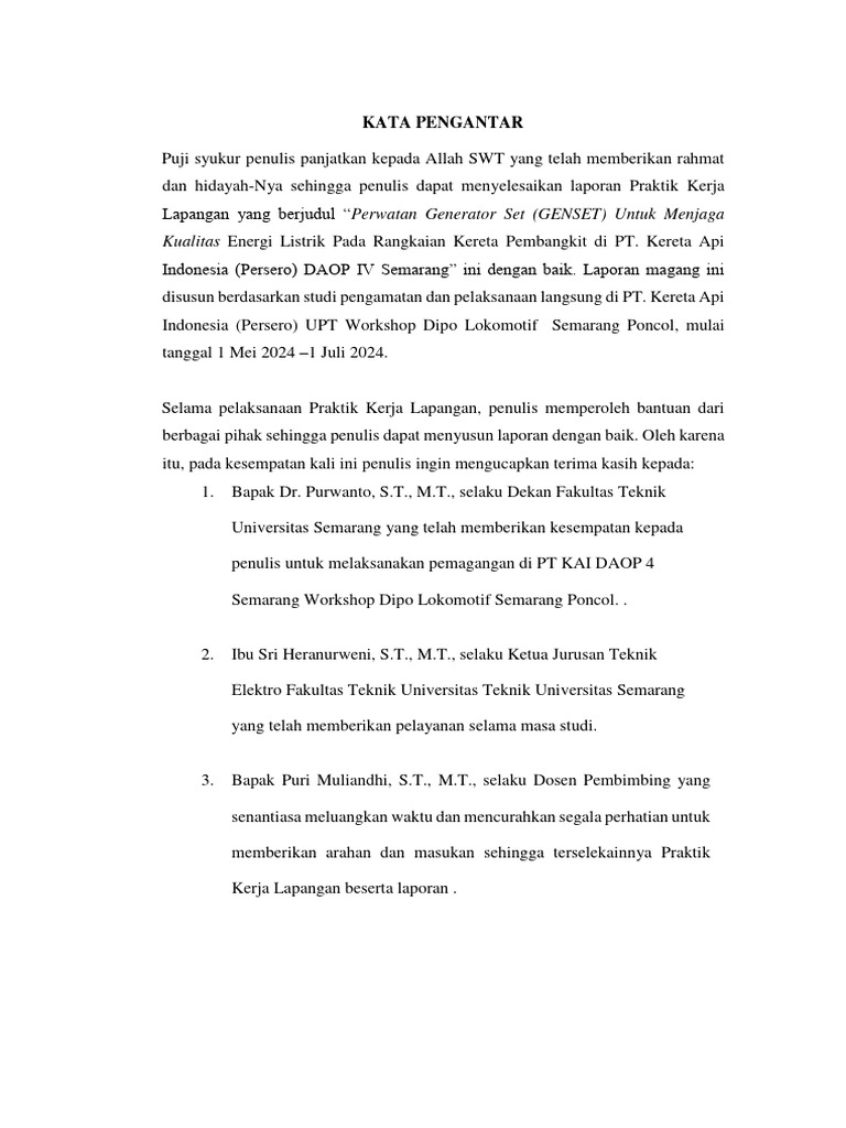 Daftar Tabel Laporan PKL GENSET | PDF