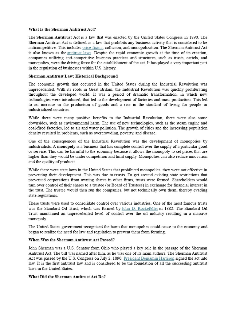 Sherman Act | PDF | Competition Law | Sherman Antitrust Act