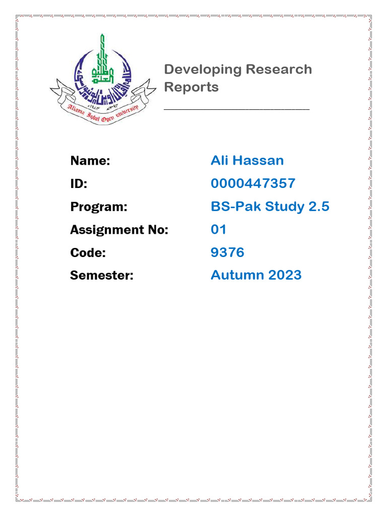 Name: ID: Program: Assignment No: Code: Semester:: Developing Research Reports | PDF | Sampling ...
