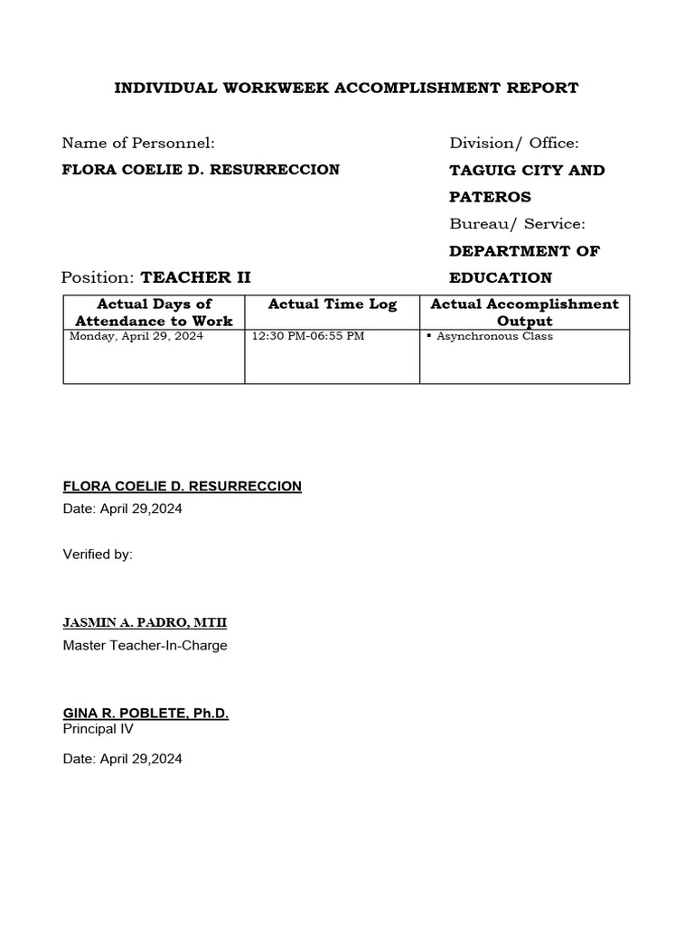 Individual Workweek Accomplishment Report Resurreccion 04 29 2024 Pdf