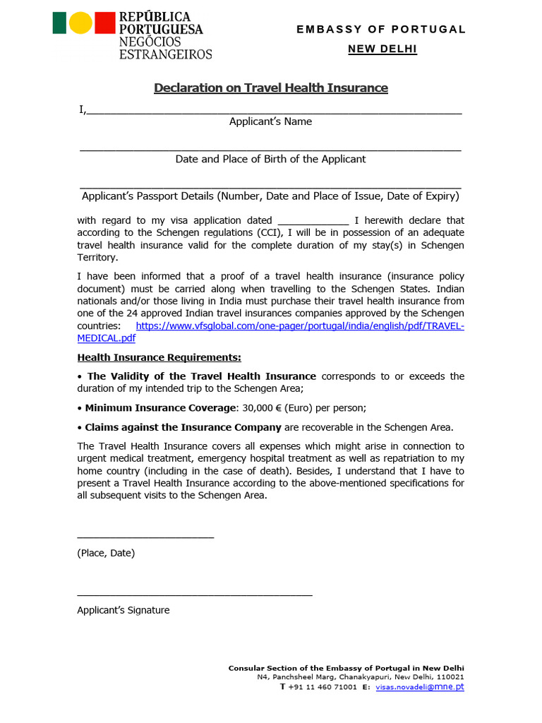 Declaration On Travel Health Insurance | PDF