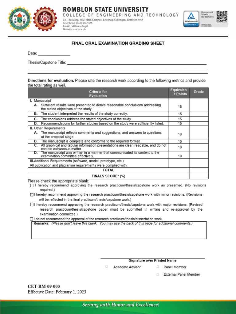 Final Oral Exam Grading Sheet Template | PDF | Thesis