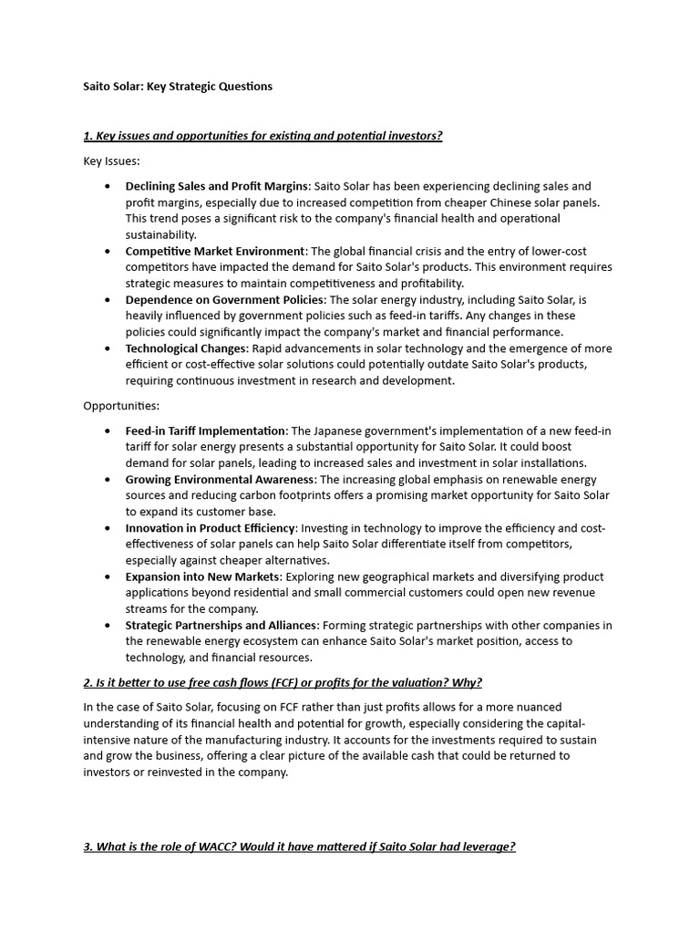 Saito Solar Case - Valuation | PDF | Discounted Cash Flow | Cost Of Capital