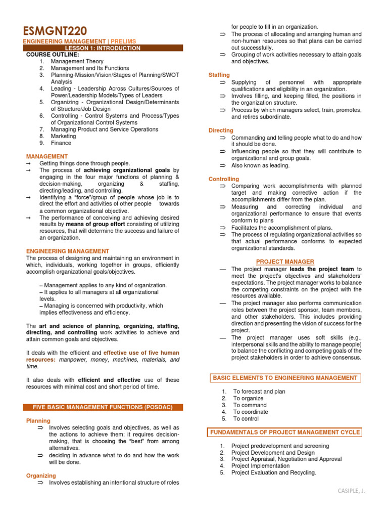 Engineering Management Notes Prelims | PDF | Leadership | Motivation