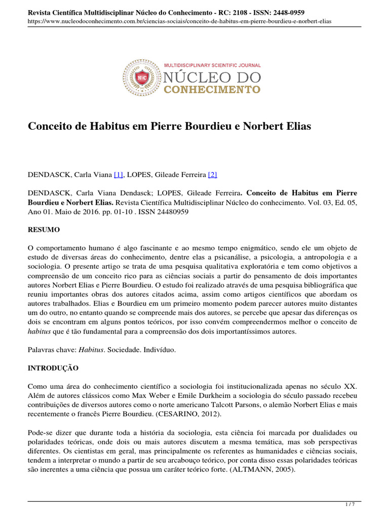 Conceito de Habitus em Pierre Bourdieu e Norbert E | PDF | Sociologia ...