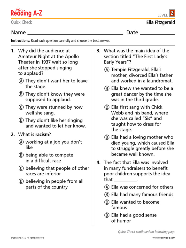 Ella Fitzgerald Quick Check Assessment | PDF