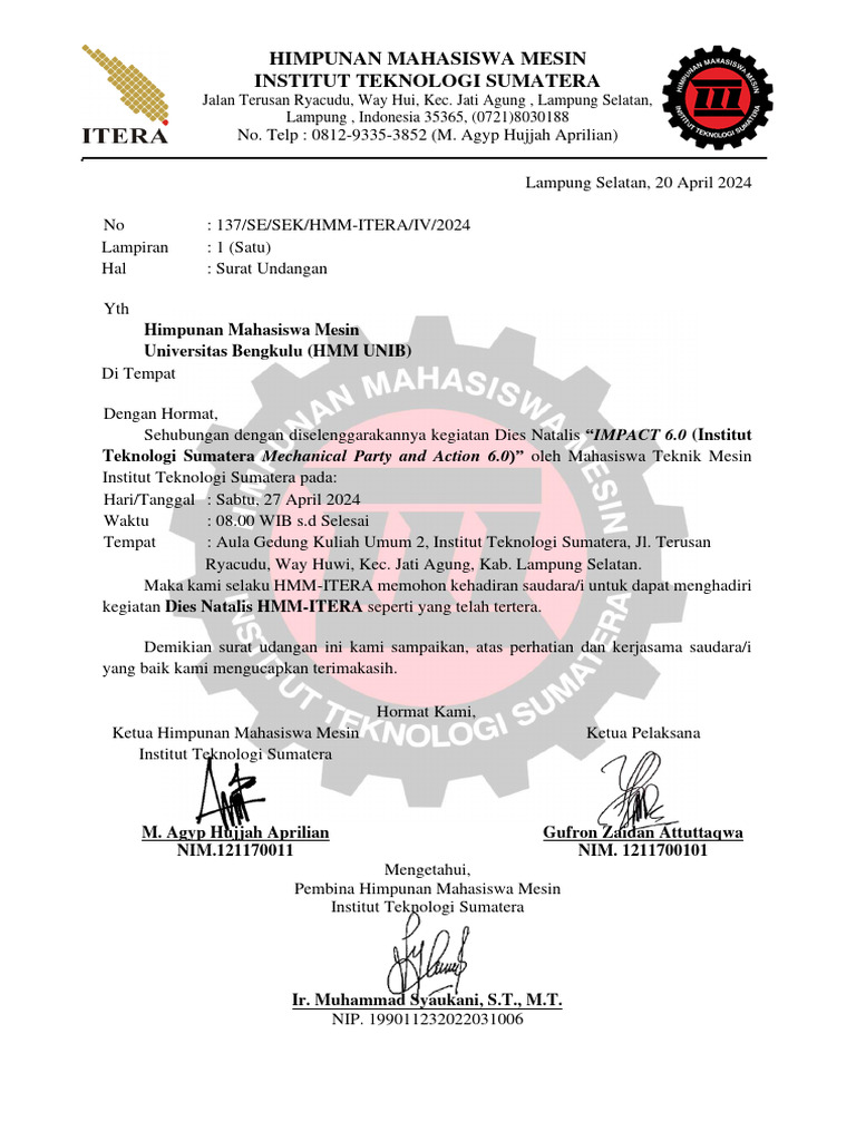 Surat Undangan Dies Natalis HMM ITERA (HMTM UNIB) | PDF
