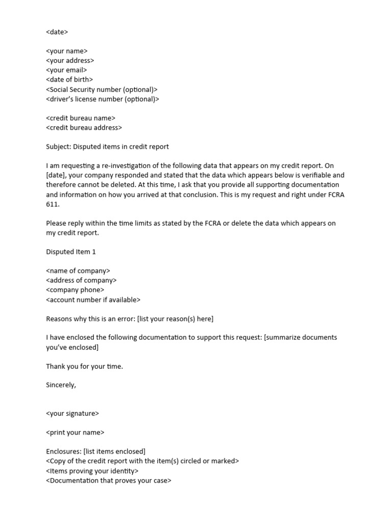 FCRA 611 Credit Dispute Letter Template | PDF