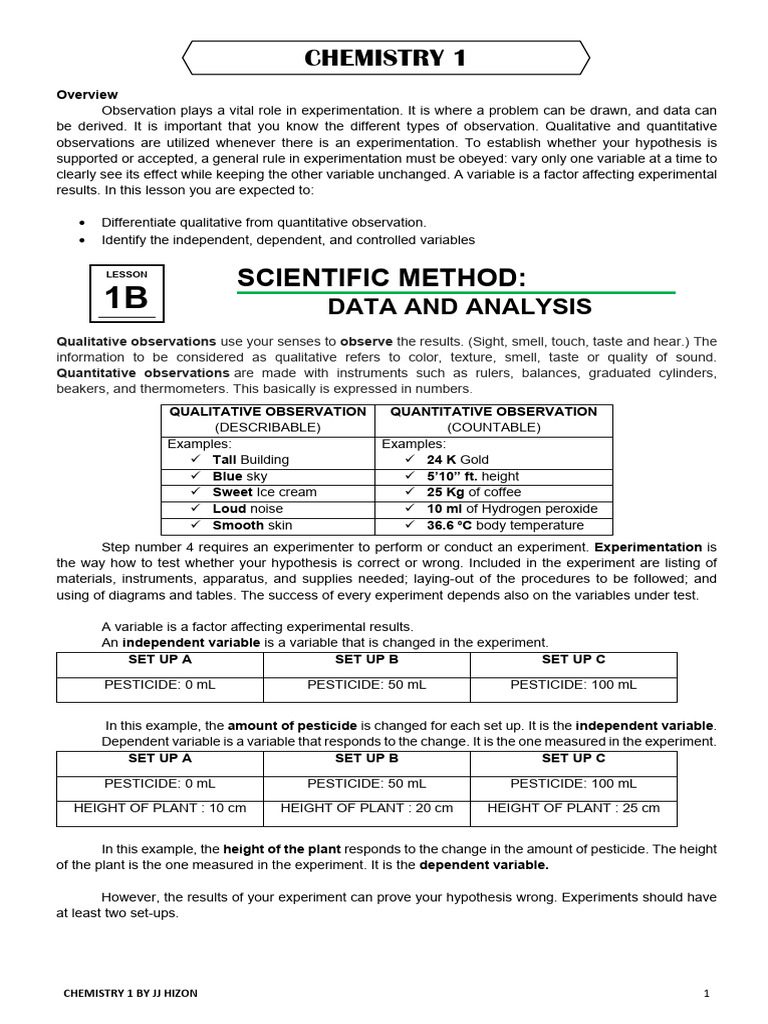 Gr11chem - 2ND Sem - Lesson 1B - Data and Analysis | PDF | Experiment | Observation