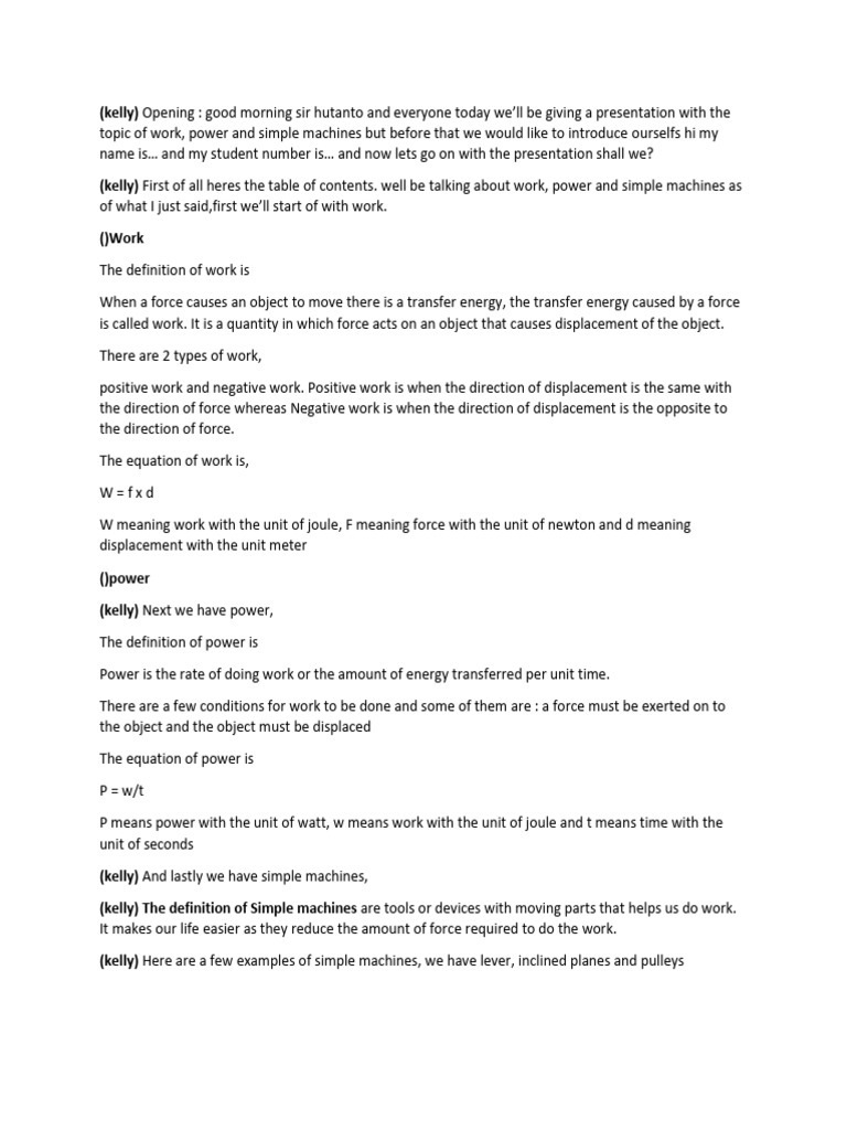 Physics Presentation Script 8G Work Power Simplemachines | PDF | Lever | Machines