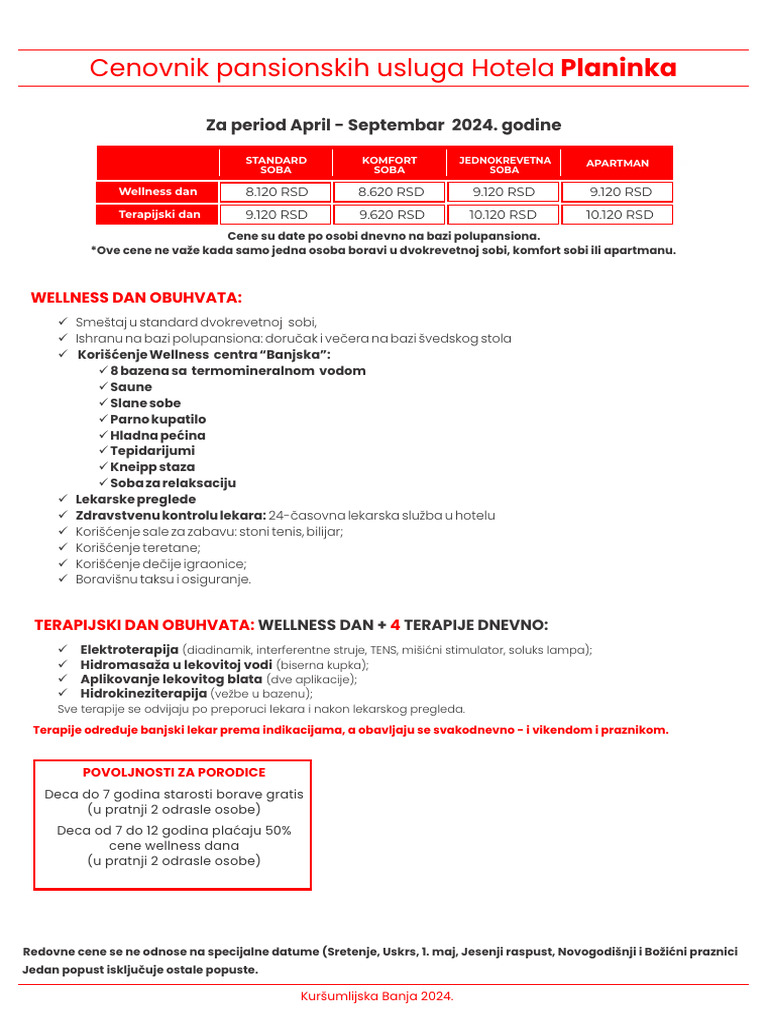 Sajt Cenovnik Kursumlijska Banja April Septembar 2024 | PDF