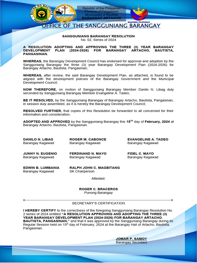 Approval of Barangay Development Plan 2024-2026 | PDF
